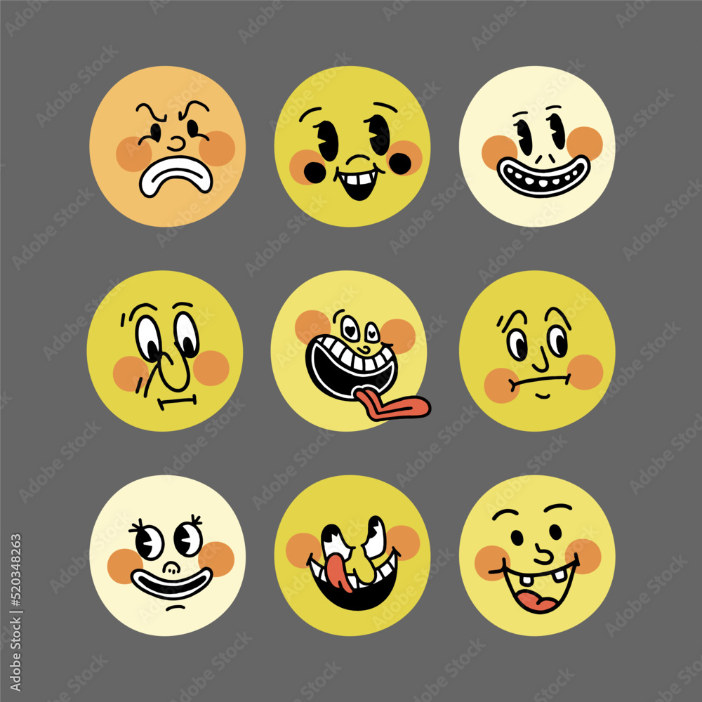 Smiley retro emoji. The faces of cartoon characters of the 30s big set ...