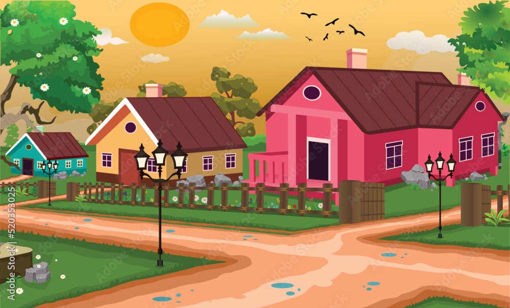 Village cartoon background illustration with sun, houses trees, street ...