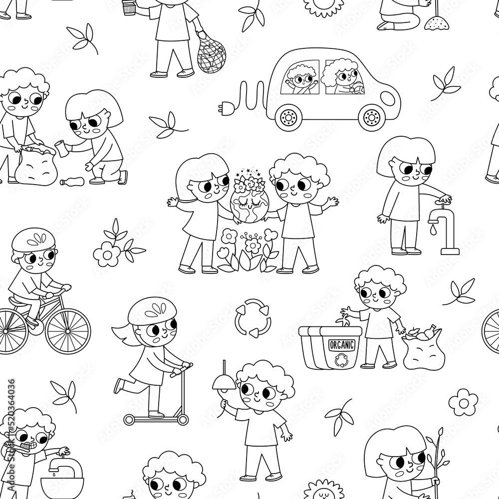 Ecological black and white vector seamless pattern with children. Cute ...
