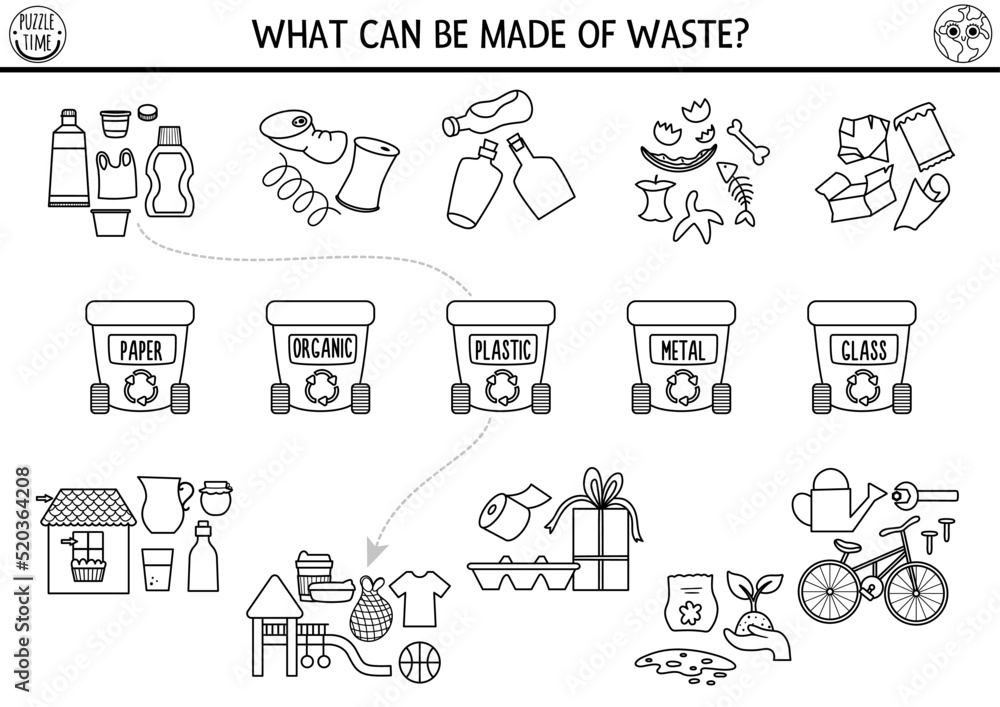 Ecological black and white matching activity with waste sorting concept ...