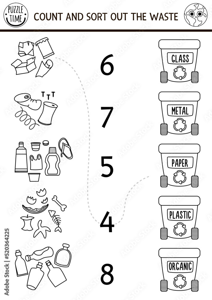 Match the numbers black and white ecological game with garbage, rubbish ...