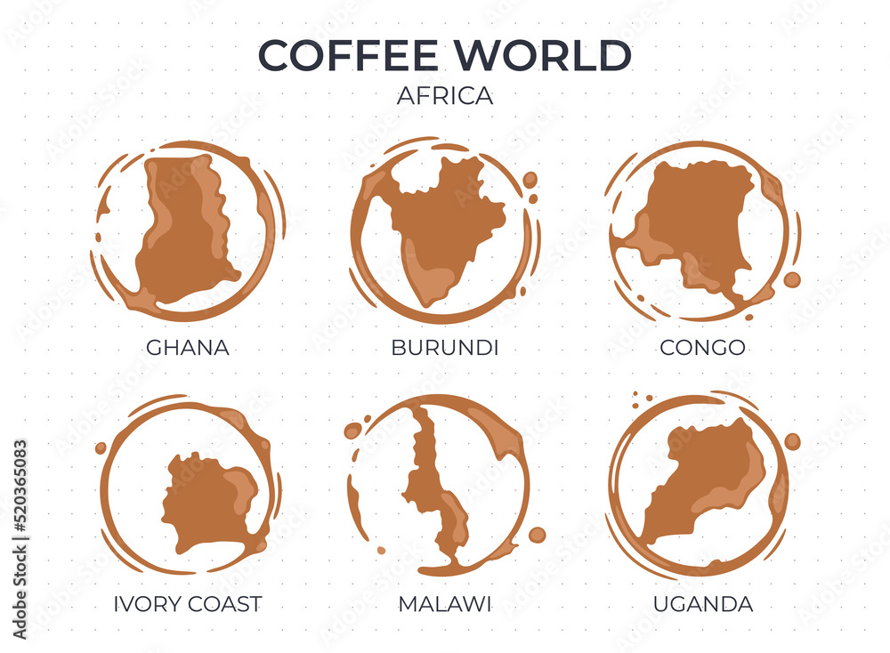 Collection of coffee cup round stains shaped like a coffee origin ...