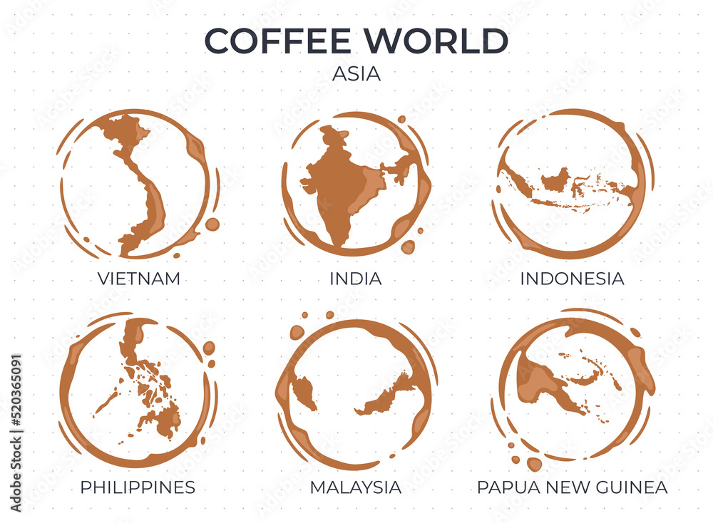 Collection of coffee cup round stains shaped like a coffee origin ...