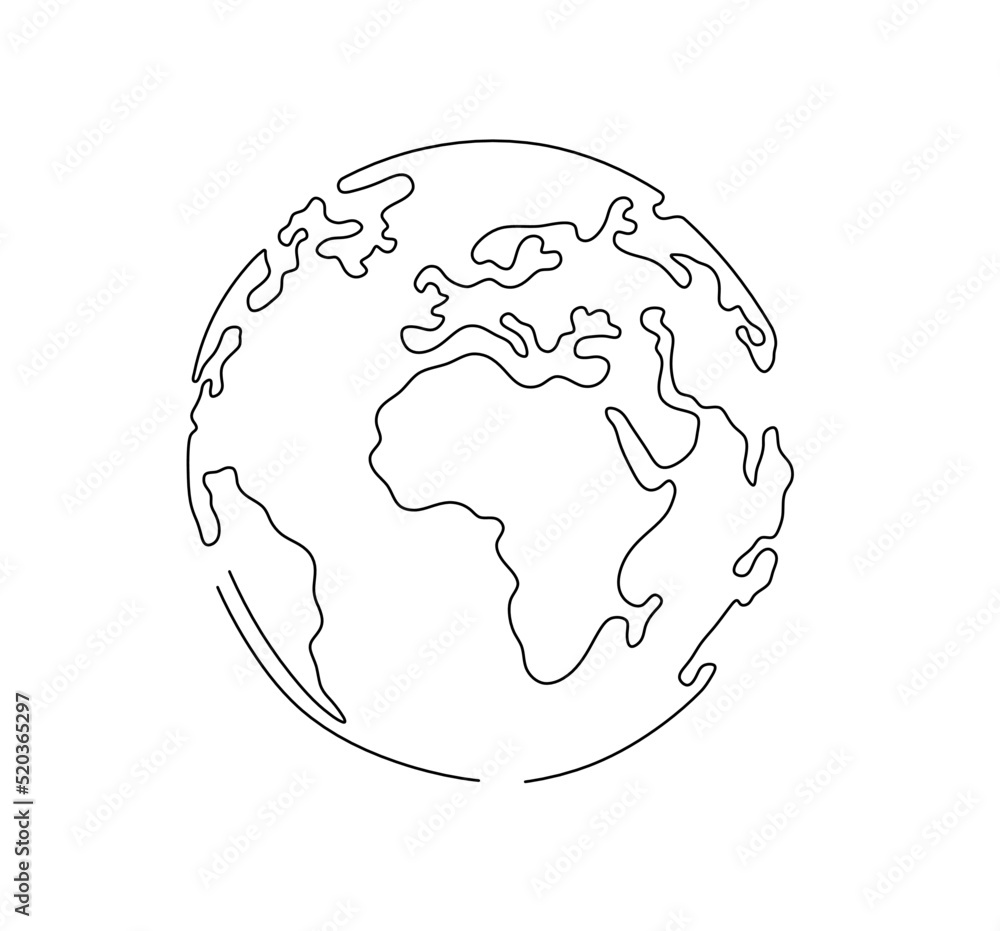Vector isolated globe Planet Earth map single line art graphic doodle ...