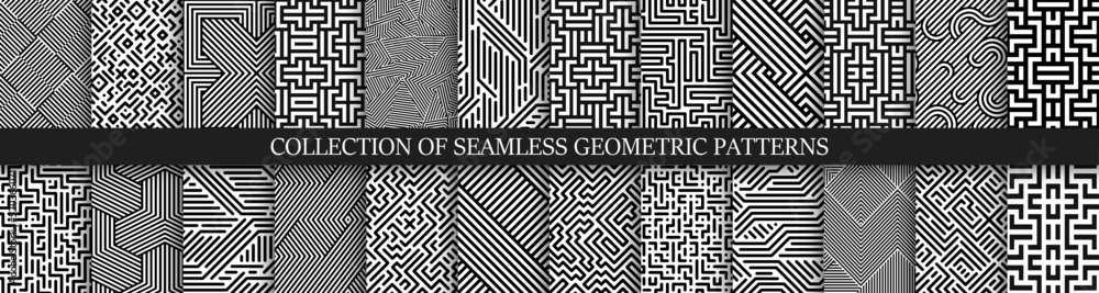 Collection of vector seamless geometric patterns. Striped black and white abstract backgrounds ...