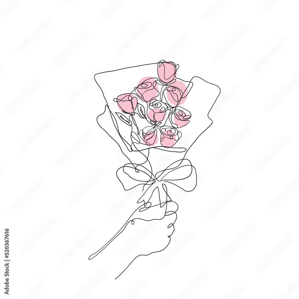 continuous line drawing hand holding hand carrying a bouquet of flowers ...