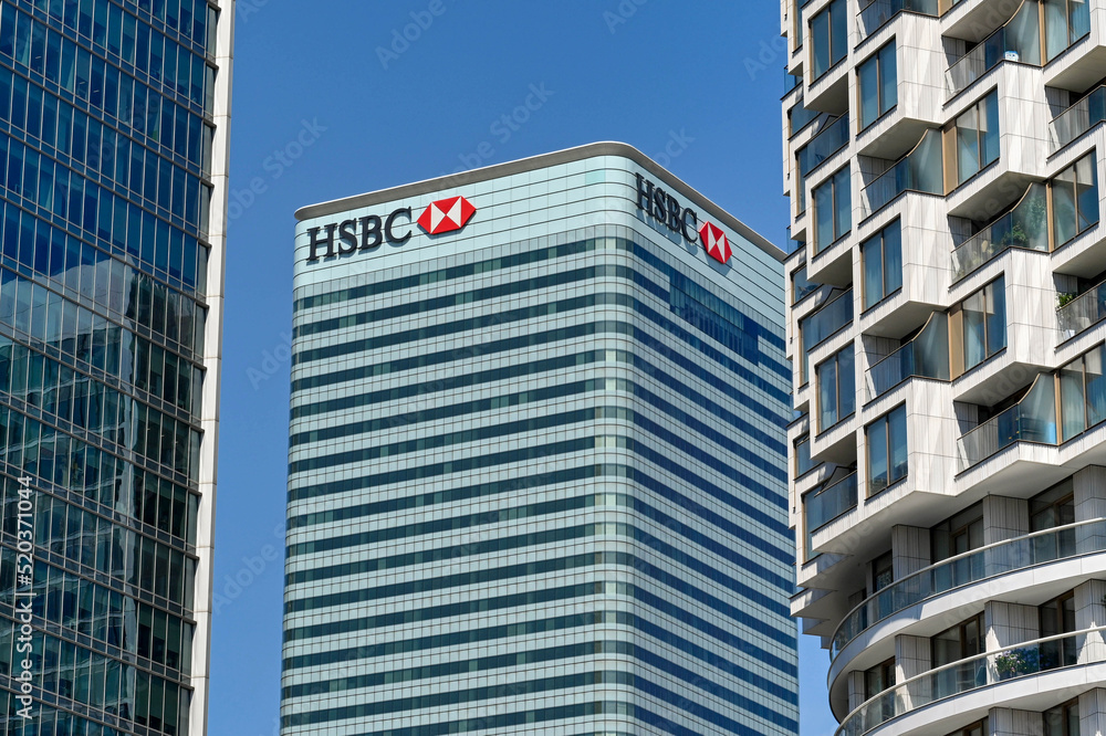 London, England - June 2022: Exterior view of the HSBC office building ...
