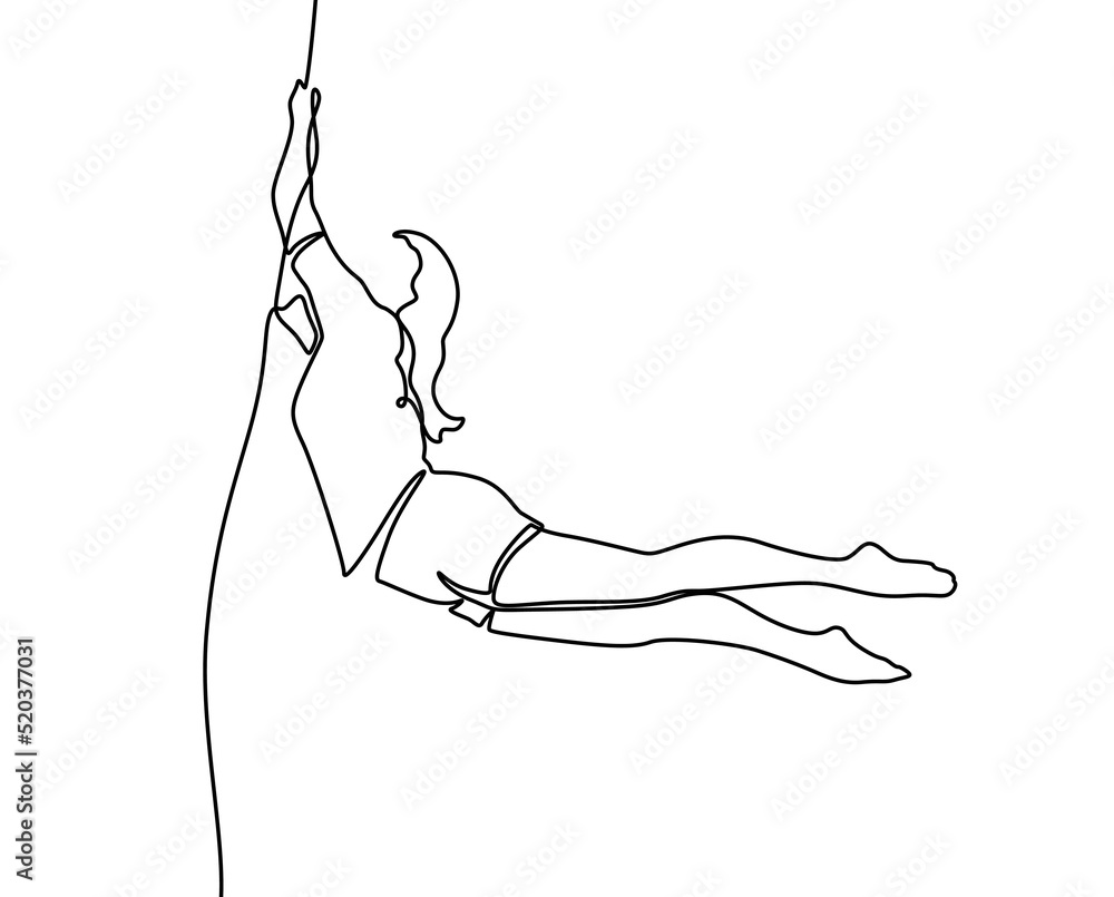 Continuous one line drawing a female acrobat performs on the trapeze ...