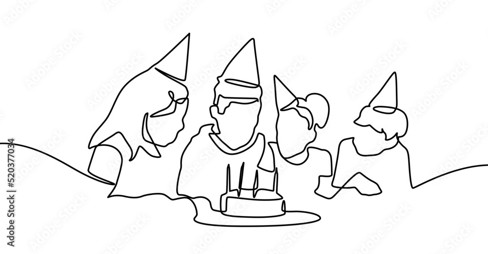 One continuous line drawing of group of kids celebrating birthday ...