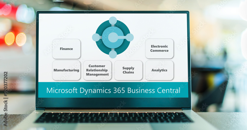 Laptop showing logo of Microsoft Dynamics 365 Business Central Stock ...