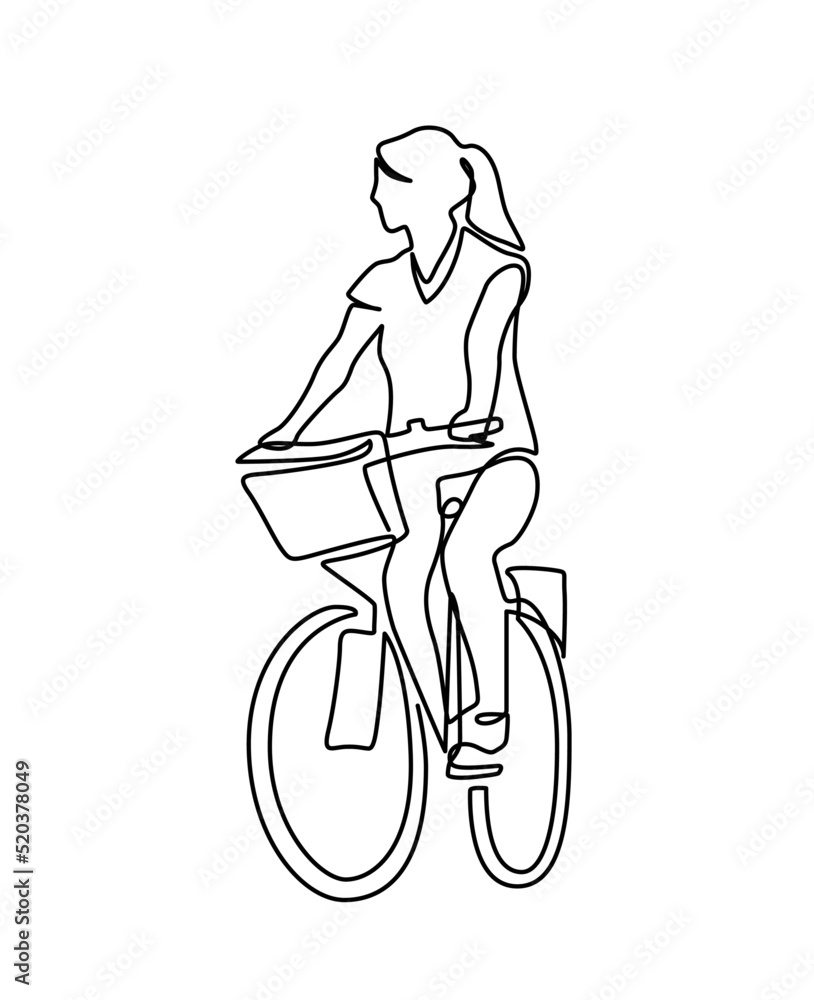 Continuous one line drawing woman girl on a bicycle. One continuous line drawing of a girl ...