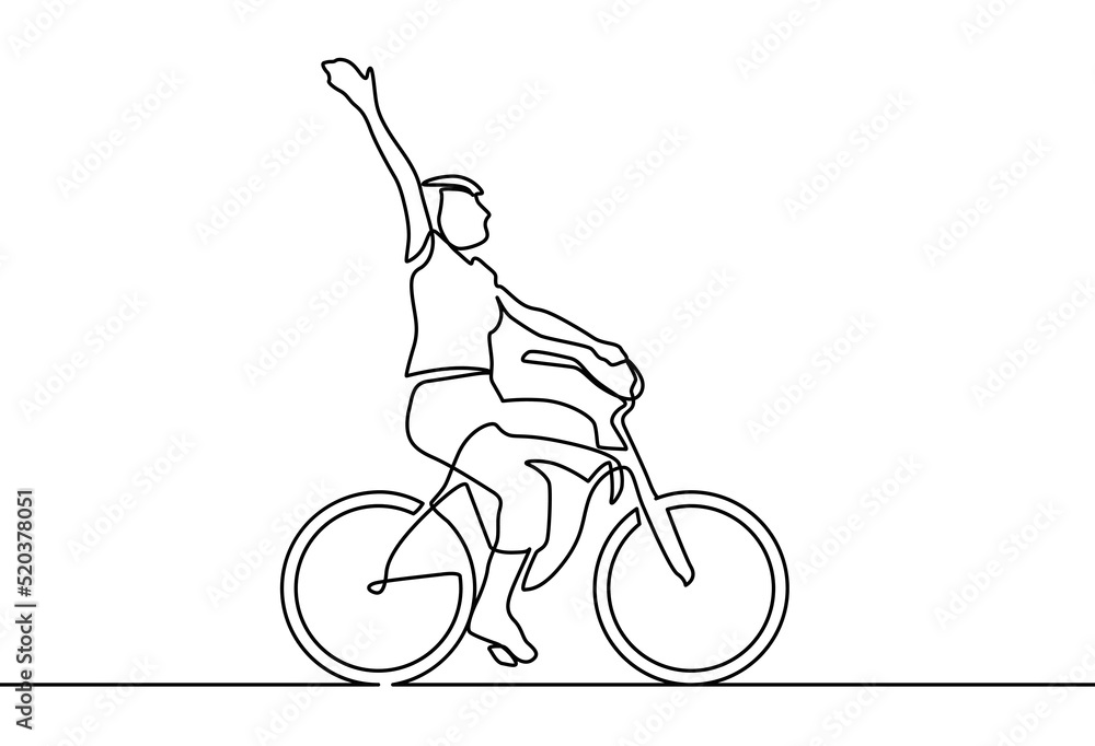 Continuous one line drawing woman girl on a bicycle. One continuous line drawing of a girl ...