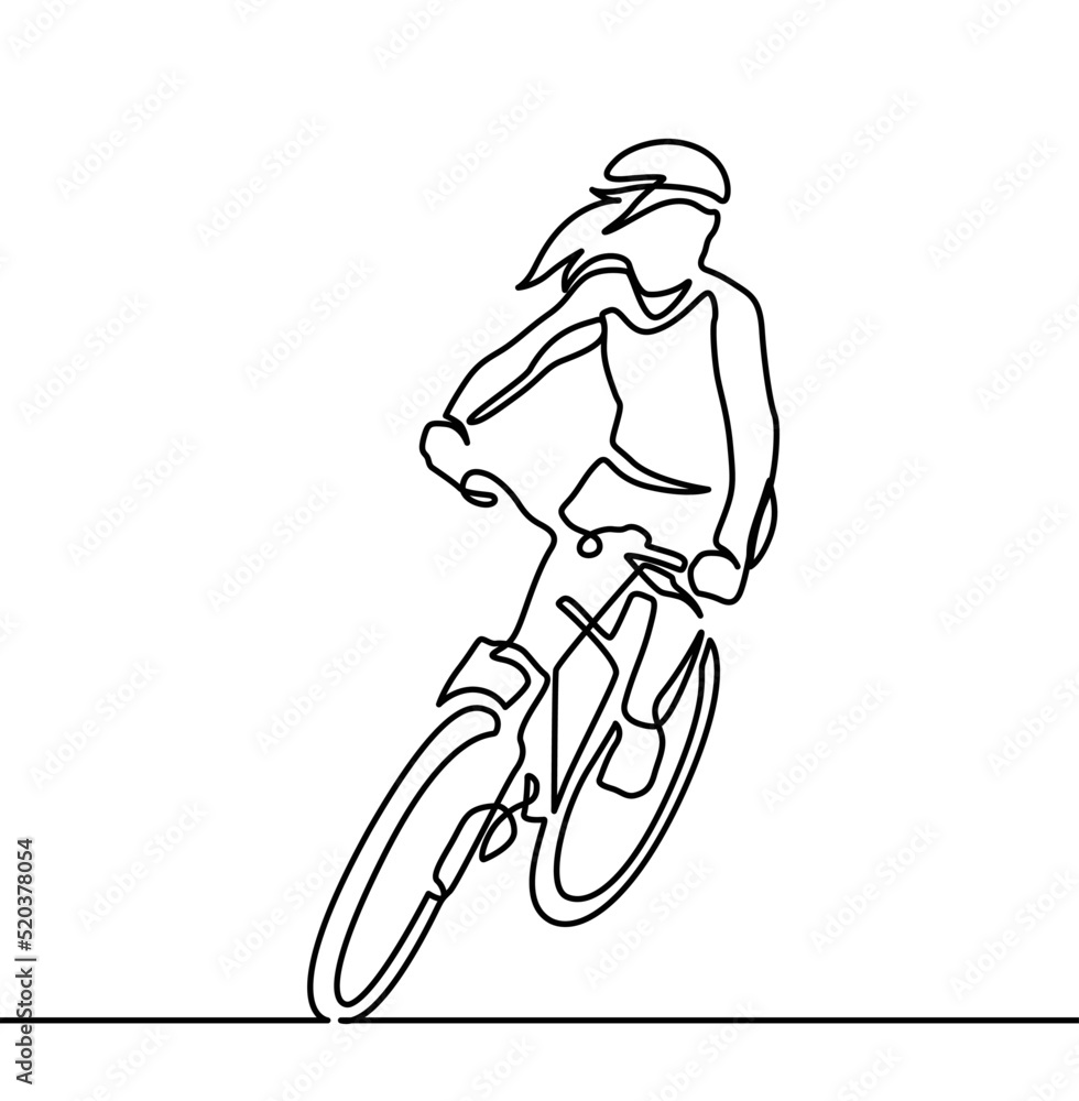 Continuous one line drawing woman girl on a bicycle. One continuous line drawing of a girl ...