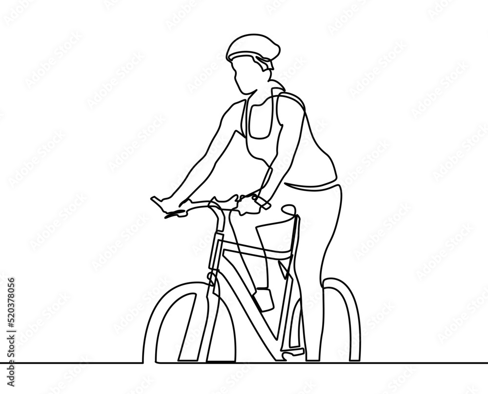 Vecteur Stock Continuous one line drawing woman girl on a bicycle. One continuous line drawing ...