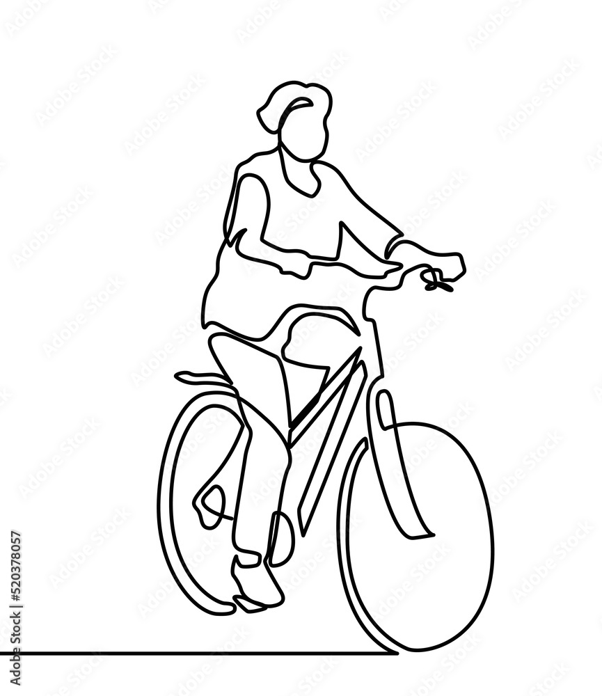 Continuous one line drawing woman girl on a bicycle. One continuous line drawing of a girl ...