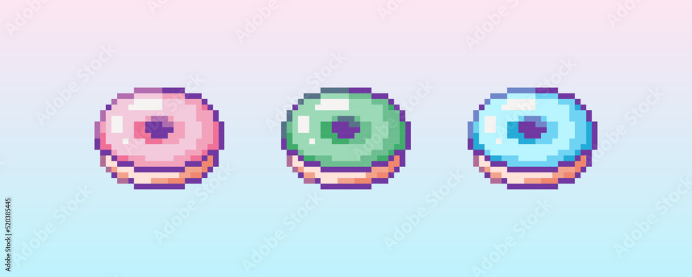 Pixel art donuts icon. 8 bit vector sticker or smile of colorful donuts ...