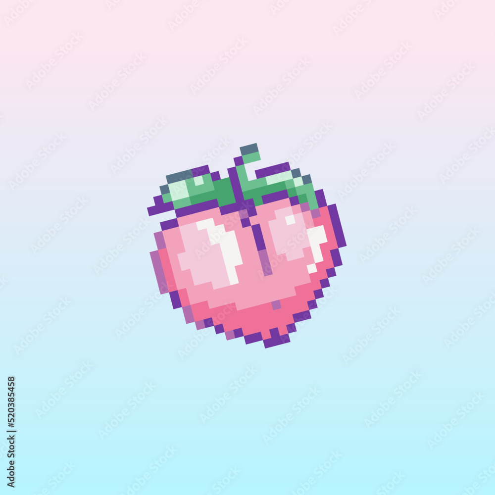 Pixel art peach icon. 8 bit vector sticker or smile of peach fruit in ...