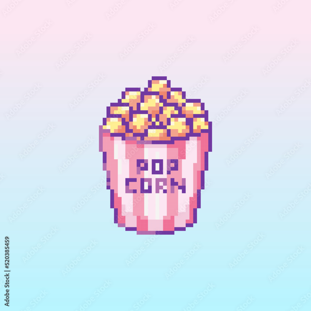 Pixel art popcorn icon. 8 bit vector sticker or smile of popcorn in retro 90s gaming style ...