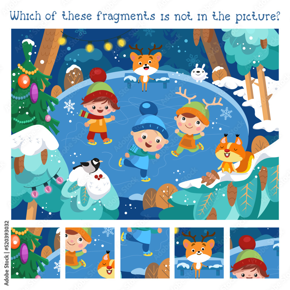 Find hidden fragments. Game for children. Cute boys and girl go ice ...