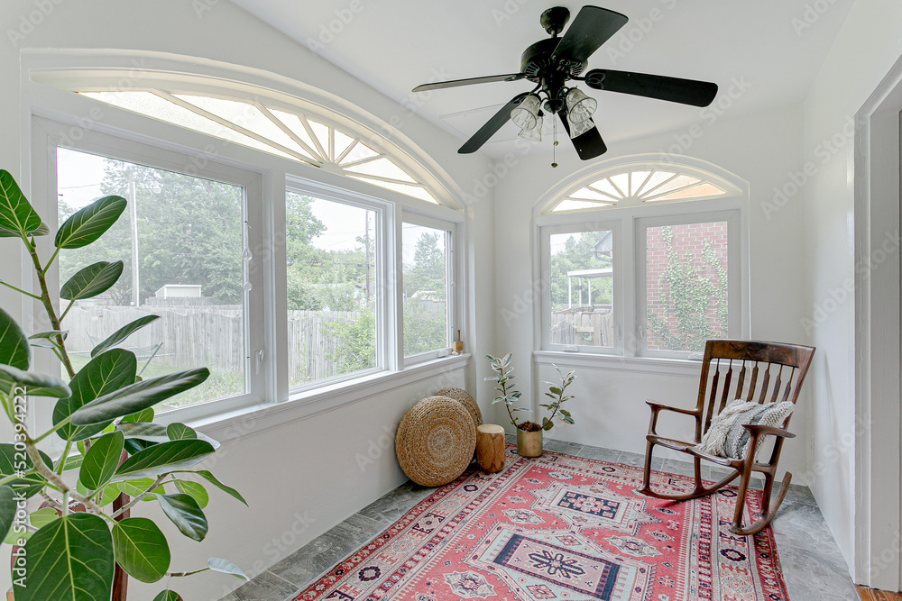 bohemian boho sun room reading room nook clean white mid century modern ...