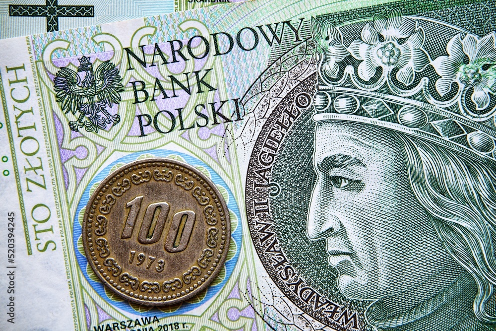 polski banknot,100 PLN, moneta koreańska , Polish banknote, 100 PLN ...