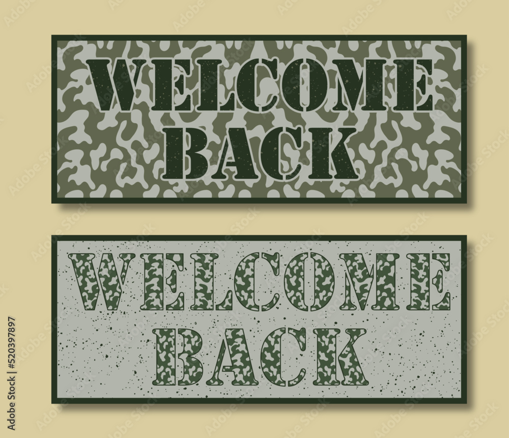 Welcome back with camo font on a camouflage textured background Stock ...