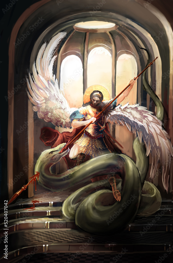 battle of good and evil, of archangel and big snake Stock Illustration ...