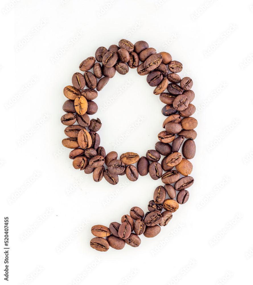 Number 9 made from coffee beans. Coffee font. Alphabet made from coffee ...