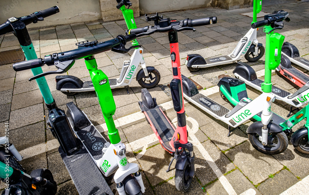 Munich, Germany - June 5: typical modern eScooters at a street in the ...