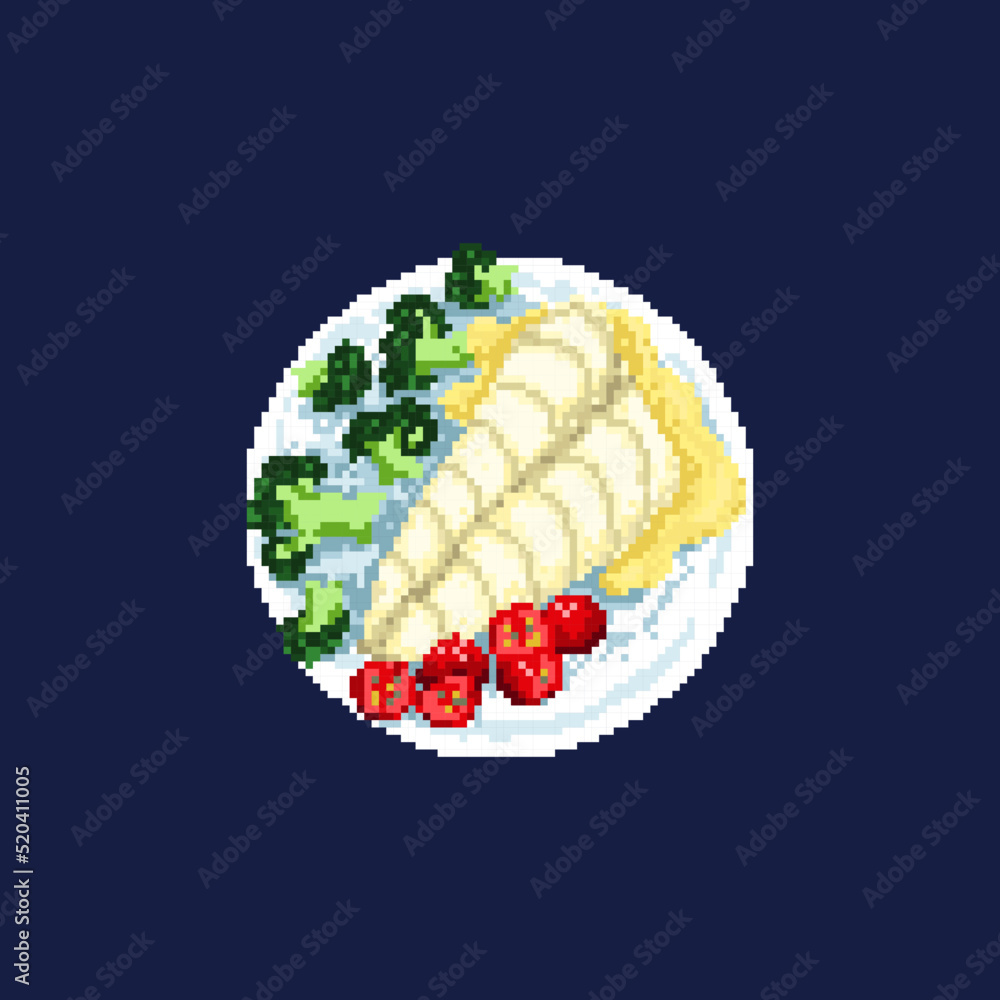 Pixel art food. Pixel food on a plate. Fish with sauce, broccoli and ...