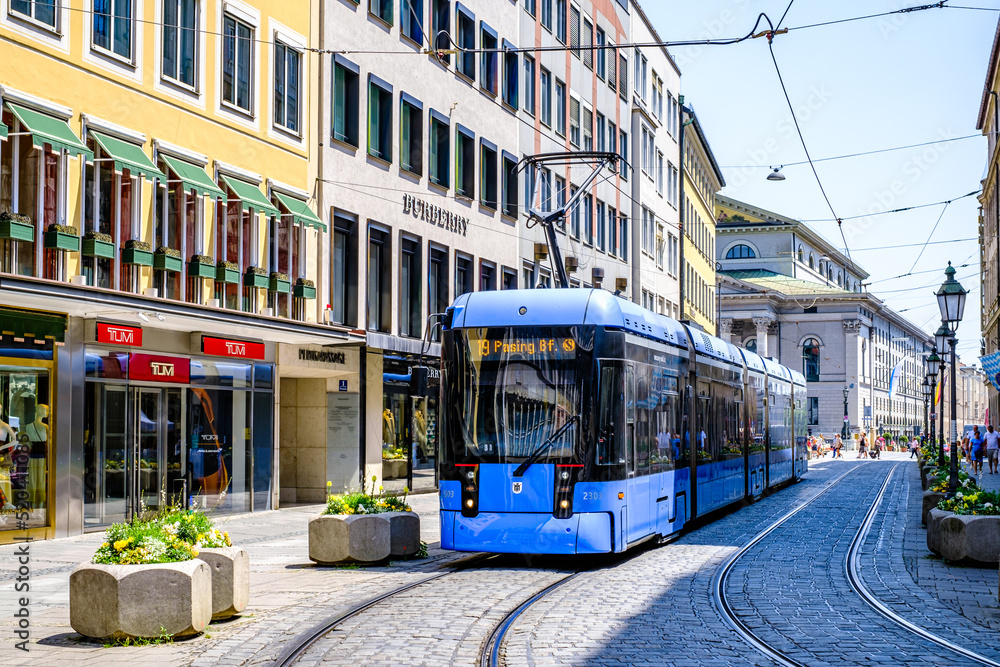 Munich, Germany - July 8: typical tram from the MVG at the old town of ...