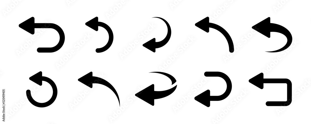 Set of go back arrows vector icons. Left direction. Return, previous ...