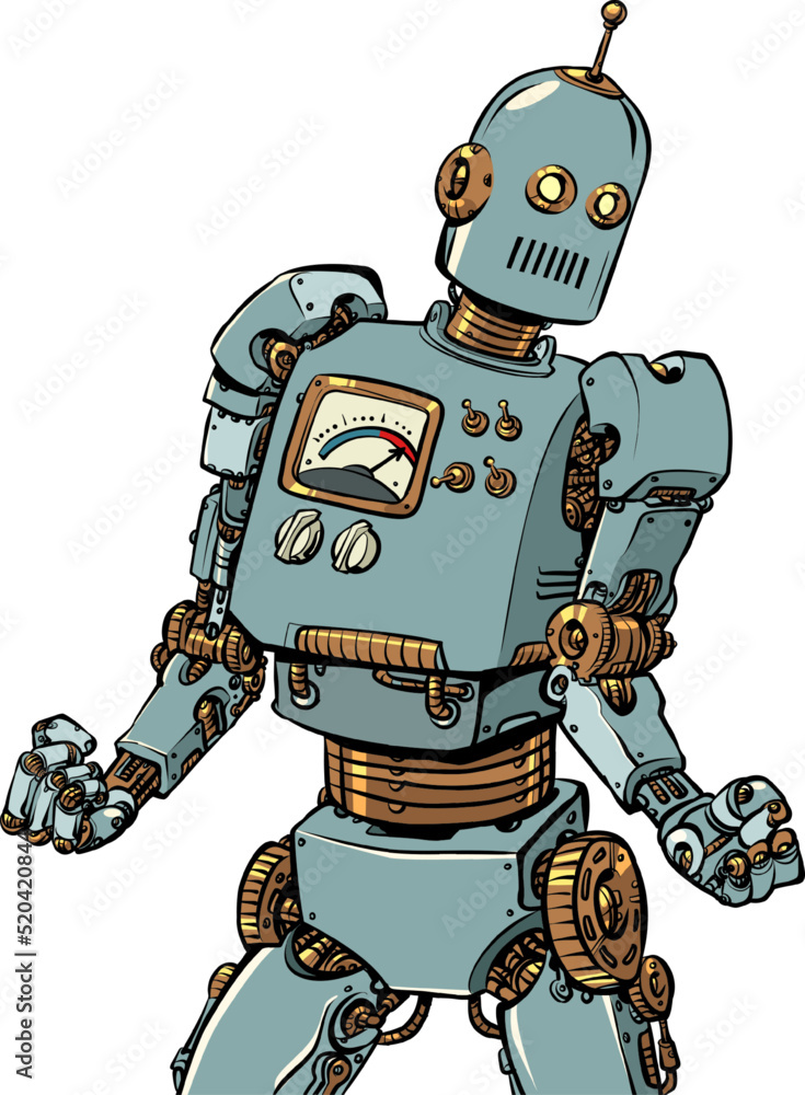 Vetor de strong robot with powerful arms in bodybuilders pose ...