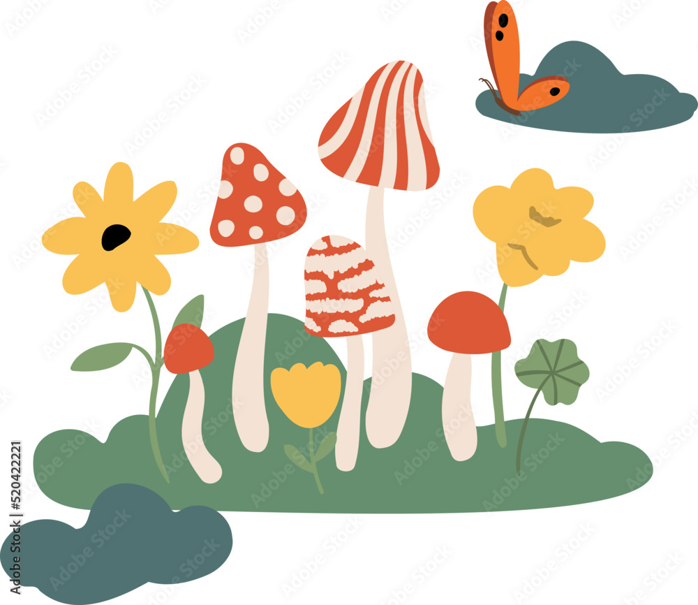 illSet of retro illustrations with mushrooms, red flowers clipart ...