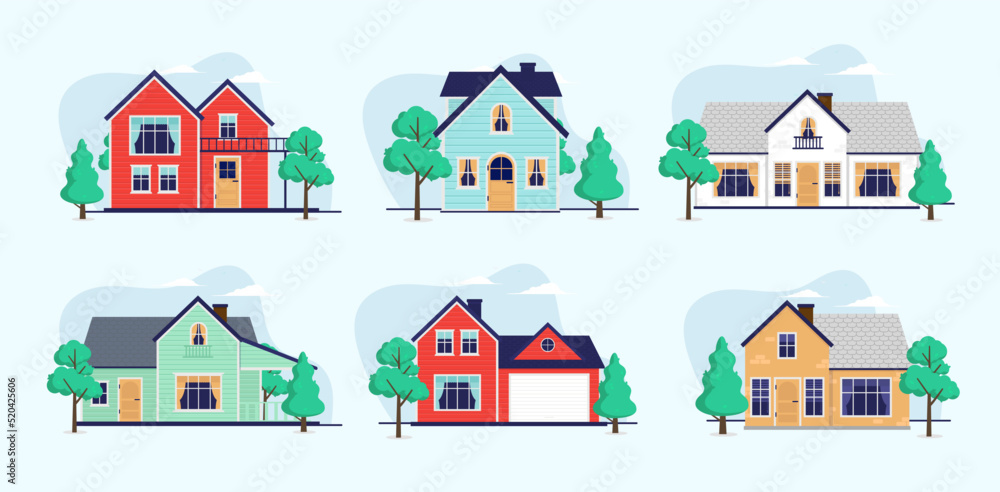 Vector house collection - Set of house designs in front view. Flat ...