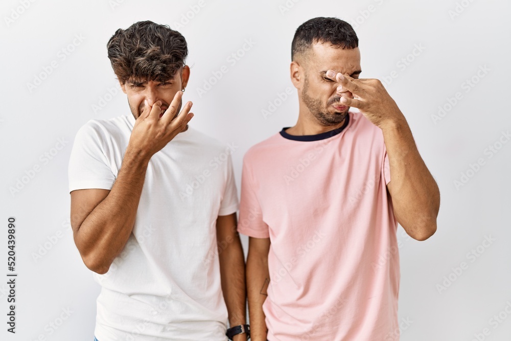 Young gay couple standing over isolated background smelling something ...