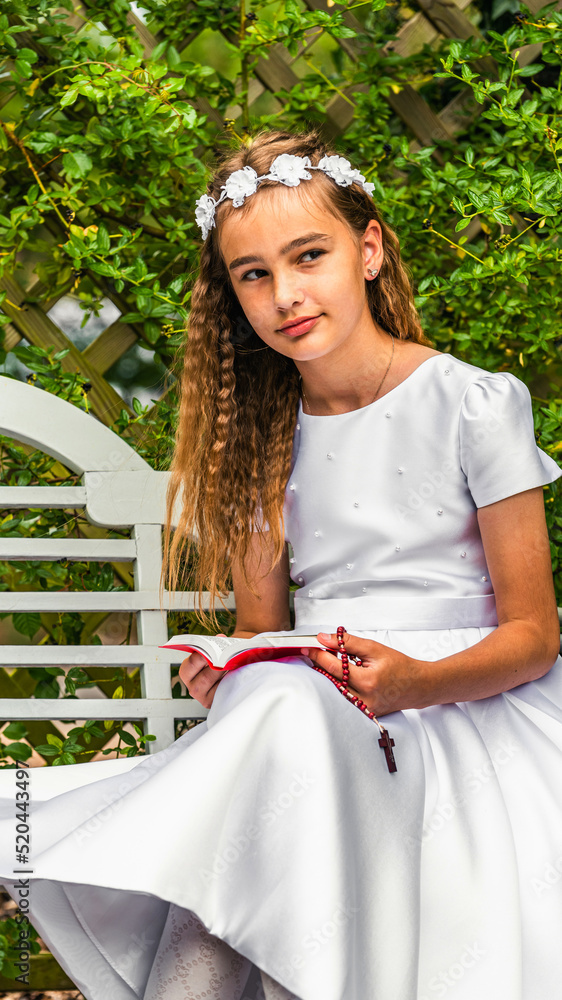 First Holy Communion of Little Girl, Eliza's outdoor session Stock ...