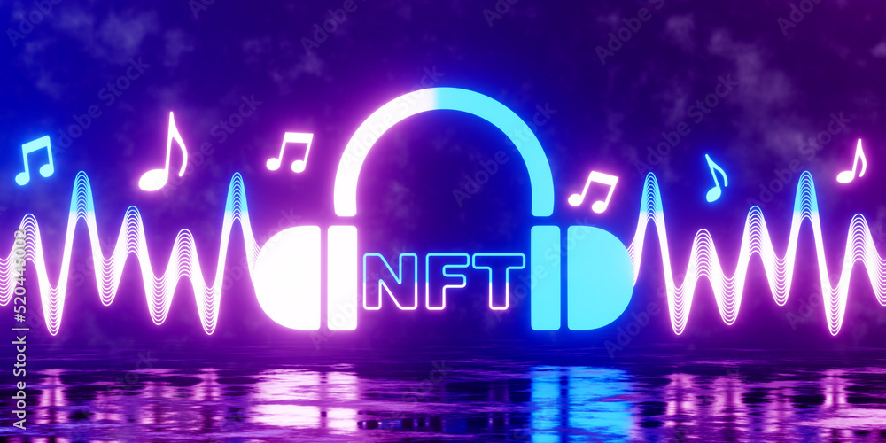 3d rendering concept NFT for music. Neon headphone icon with musical ...