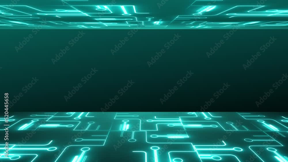 Animated Looped Circuit Board Room Floor and Ceiling blue neon grid ...