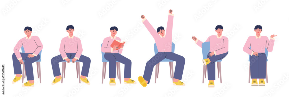 Various postures of a man sitting on a chair. flat design style vector ...