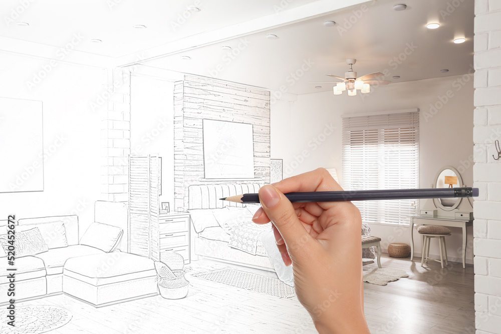 Woman drawing living room interior design, closeup. Combination of ...