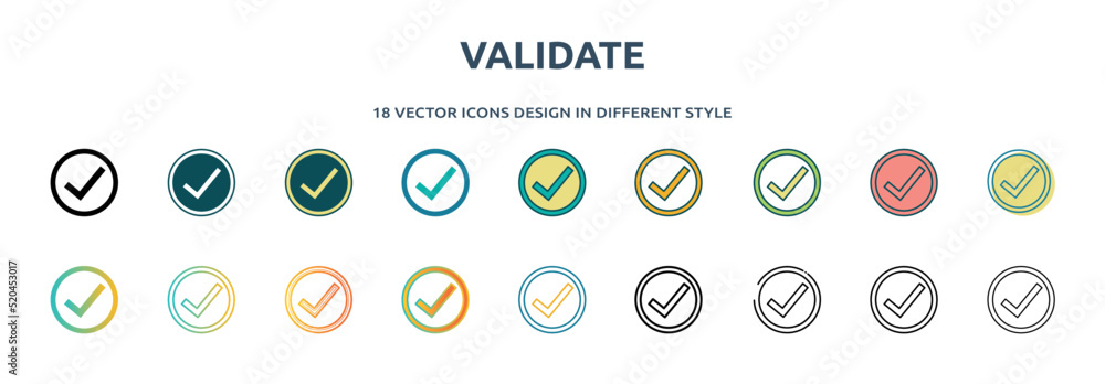 validate icon in 18 different styles such as thin line, thick line, two ...