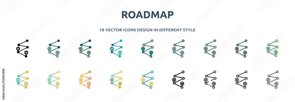 roadmap icon in 18 different styles such as thin line, thick line, two ...