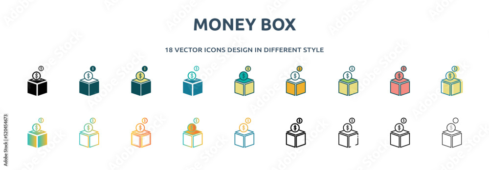 money box icon in 18 different styles such as thin line, thick line ...