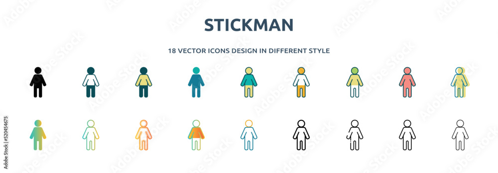 stickman icon in 18 different styles such as thin line, thick line, two ...