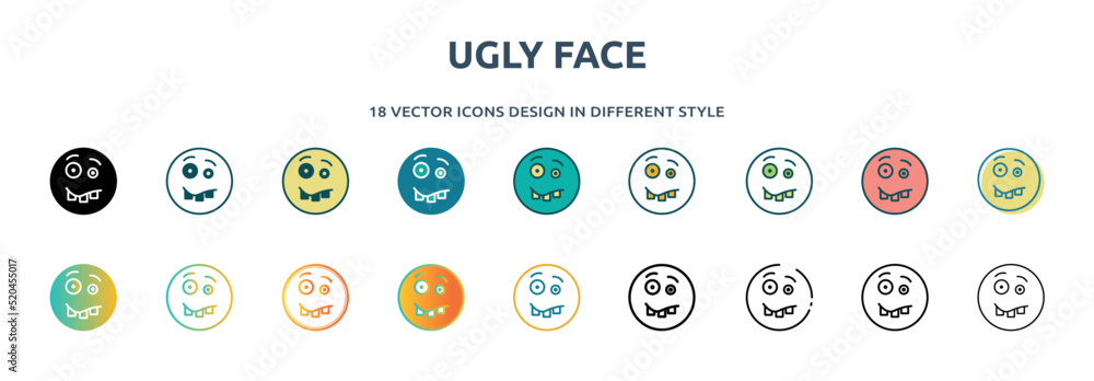 ugly face icon in 18 different styles such as thin line, thick line ...
