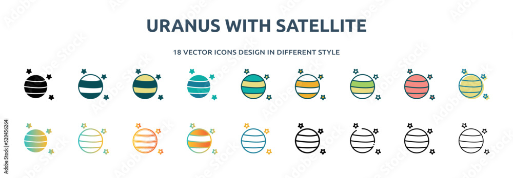 uranus with satellite icon in 18 different styles such as thin line, thick line, two color ...