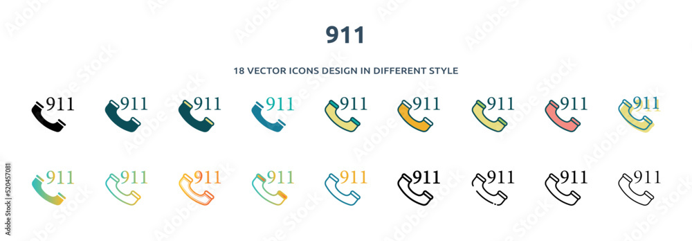 911 icon in 18 different styles such as thin line, thick line, two ...