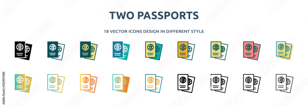 two passports icon in 18 different styles such as thin line, thick line ...