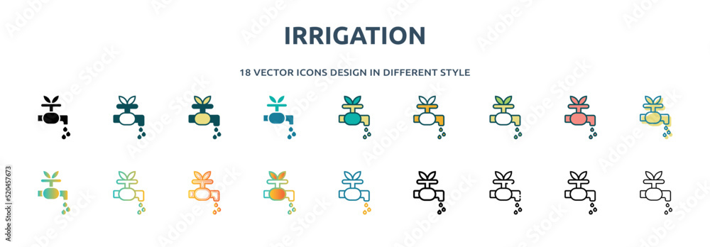 irrigation icon in 18 different styles such as thin line, thick line, two color, glyph, colorful ...